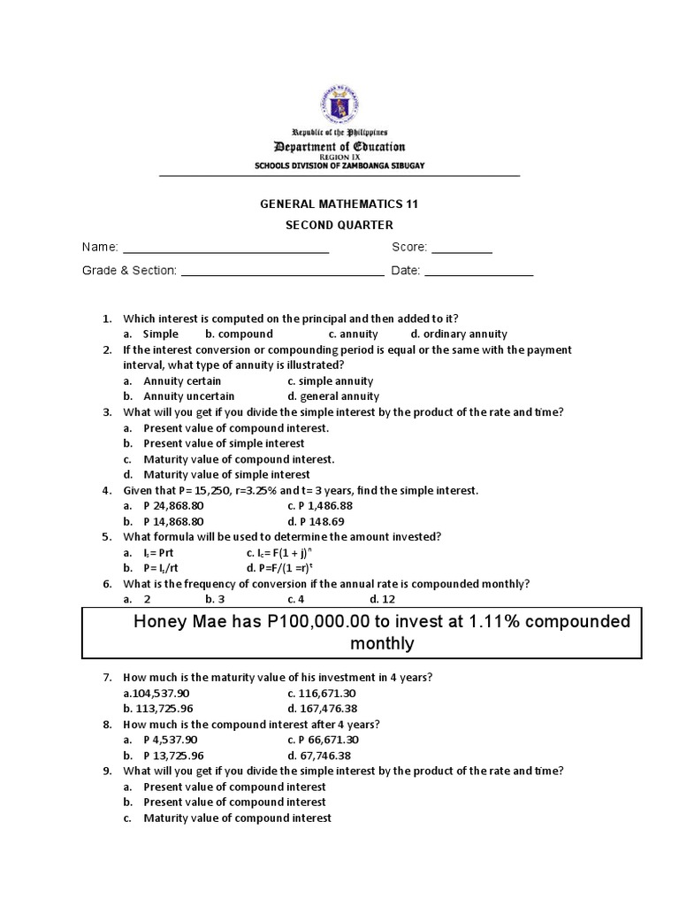 GENERAL MATHEMATICS 11 2nd Quarter Exam | PDF | Compound Interest | Interest