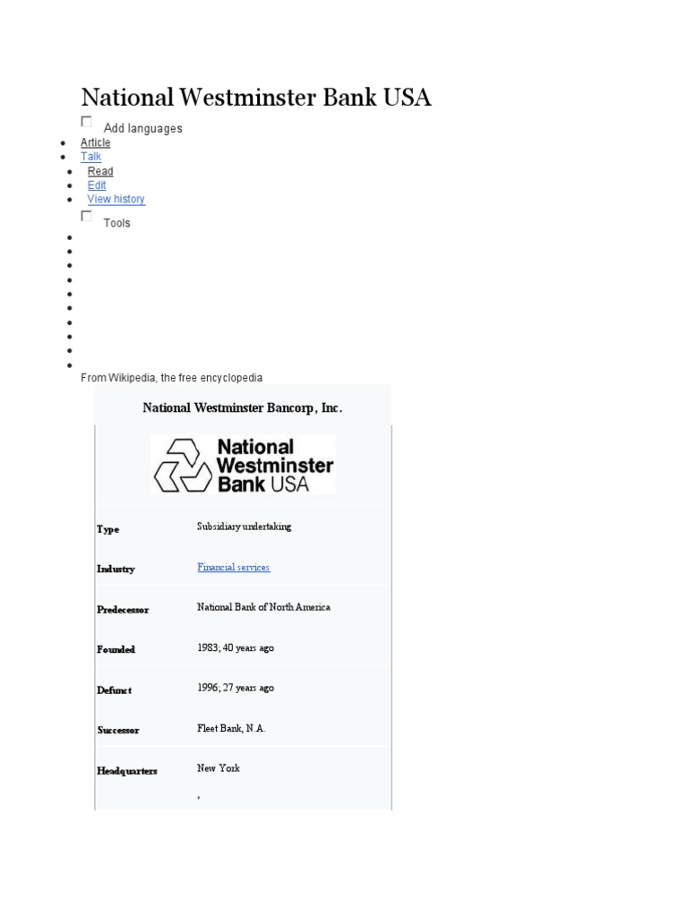 National Westminster Bank USA | PDF | Private Sector | Banking