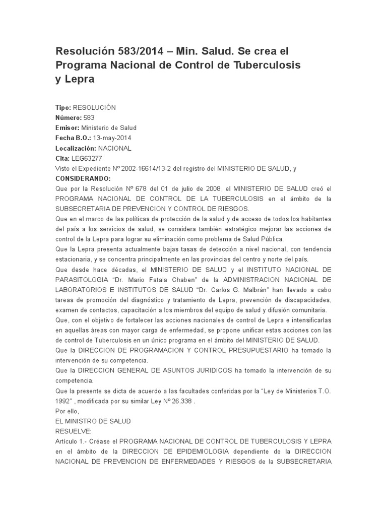 Resolución 583 Programa Nacional de Control de La Tuberculosis y La Lepra | PDF | Tuberculosis ...