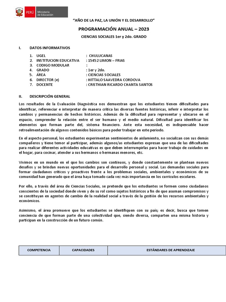Prog Anual Cc Ss Vi Ciclo 1ro 2do Grado Pdf Evaluación
