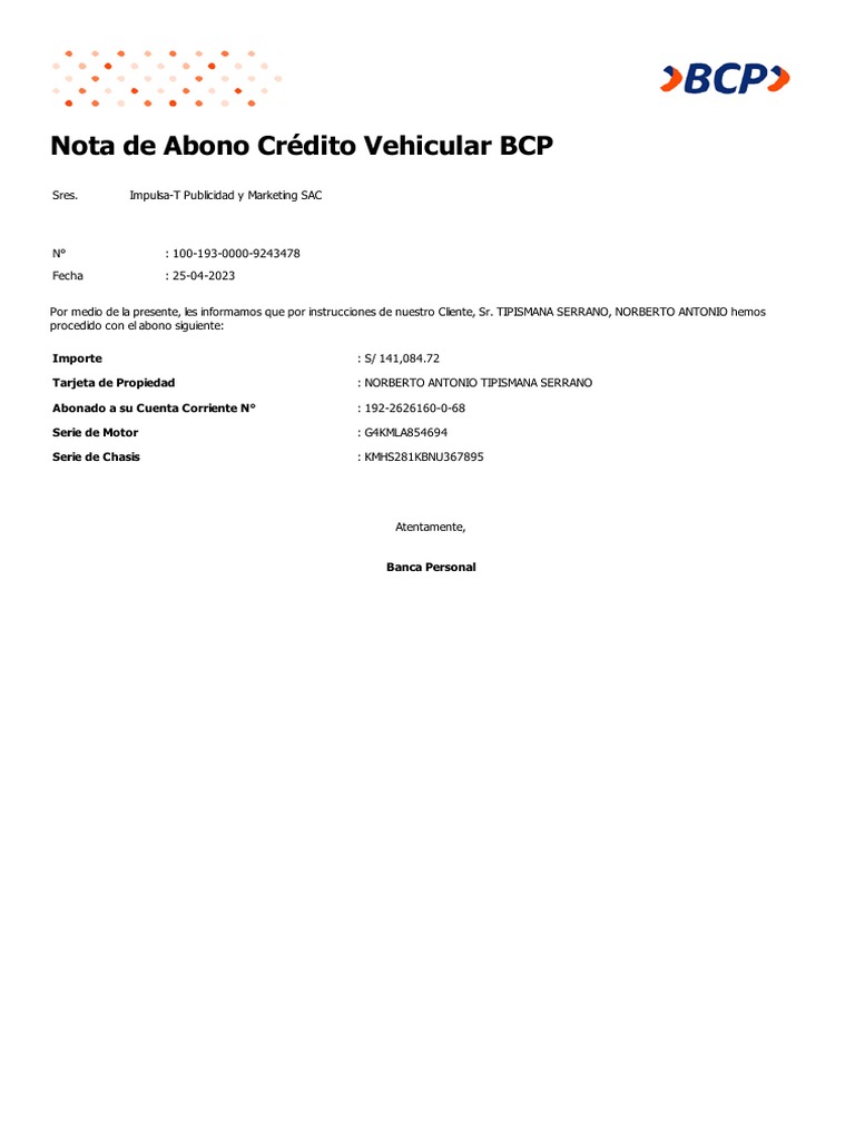 Nota de Abono Crédito Vehicular BCP | PDF
