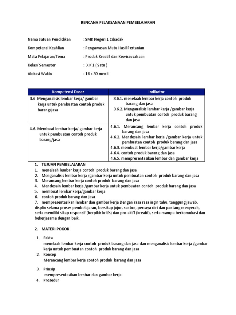 RPP 6 Produk Kreatif Dan Kewirausahaan Arya Darajat 2020 | PDF