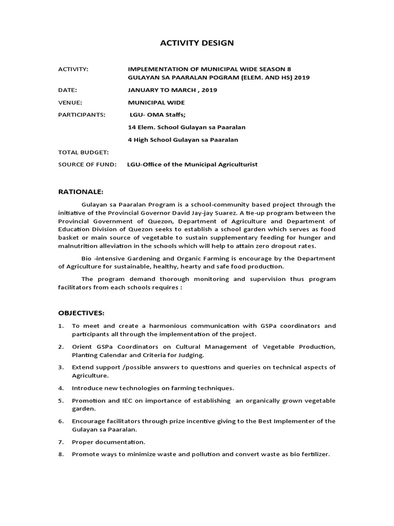GULAYAN Activity Design | PDF | Organic Farming | Agriculture