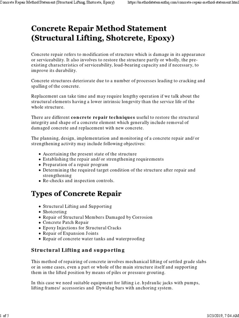 Concrete Repair Method Statement Structu | PDF | Reinforced Concrete | Concrete