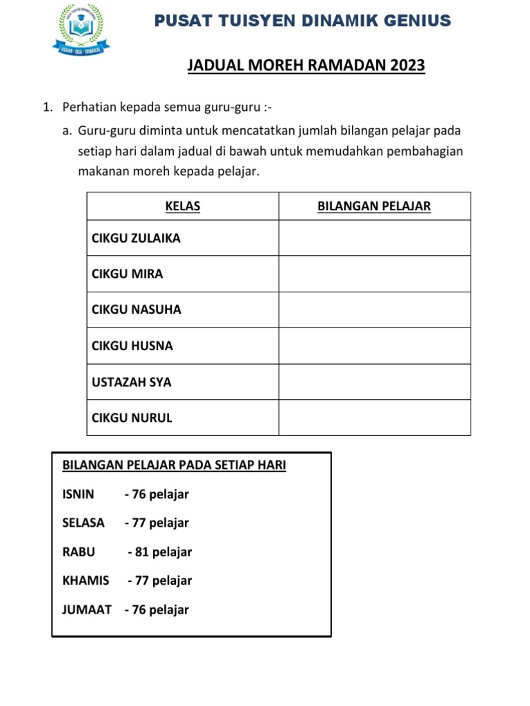 Jadual Moreh Sepanjang Bulan Ramadan 2023 | PDF