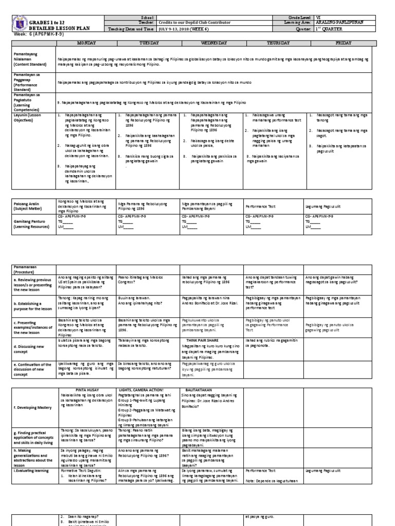GRADES 1 To 12 Detailed Lesson Plan: Week: 6 (AP6PMK-If-9) | PDF