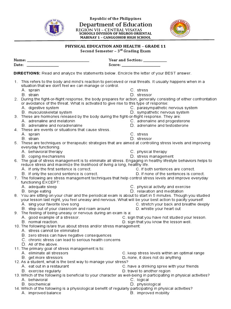 Grade 11 Pe and Health - Quarter 3 Assessment | PDF | Stress (Biology ...