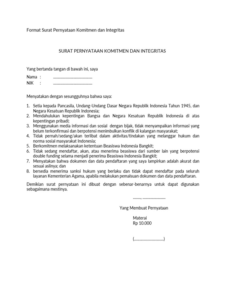 Contoh Surat Pernyataan Integritas | PDF | Politik | Hukum