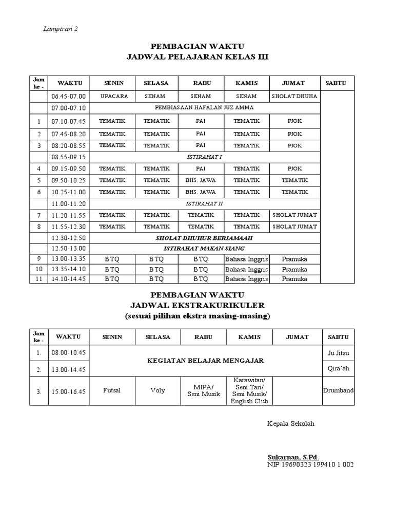 Jadwal Pelajaran Kelas 3 SD Merdeka | PDF