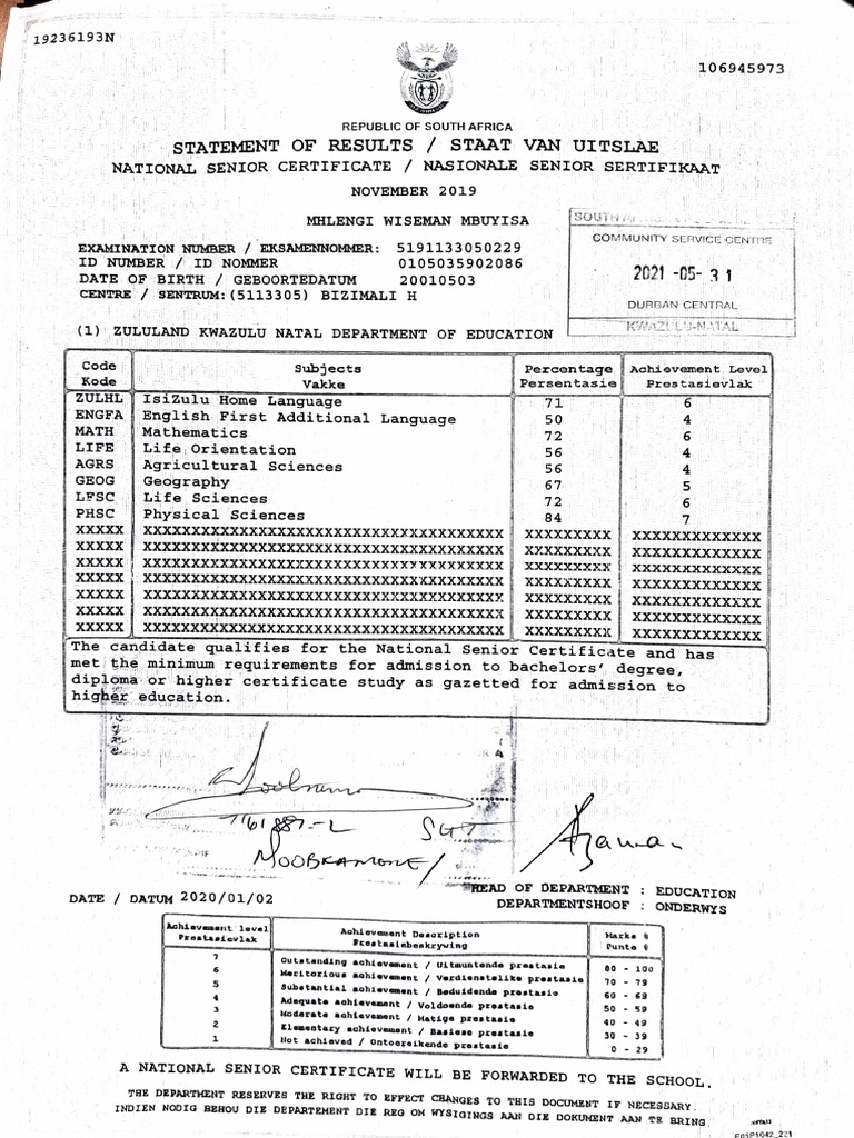 Statement of Results for Mhlengi Wiseman Mbuyisa showing subject ...