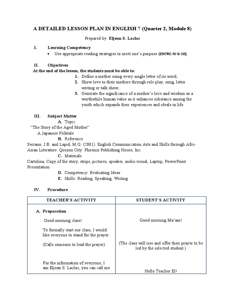 A DETAILED LESSON PLAN IN ENGLISH 7.jpeg | PDF | Teachers