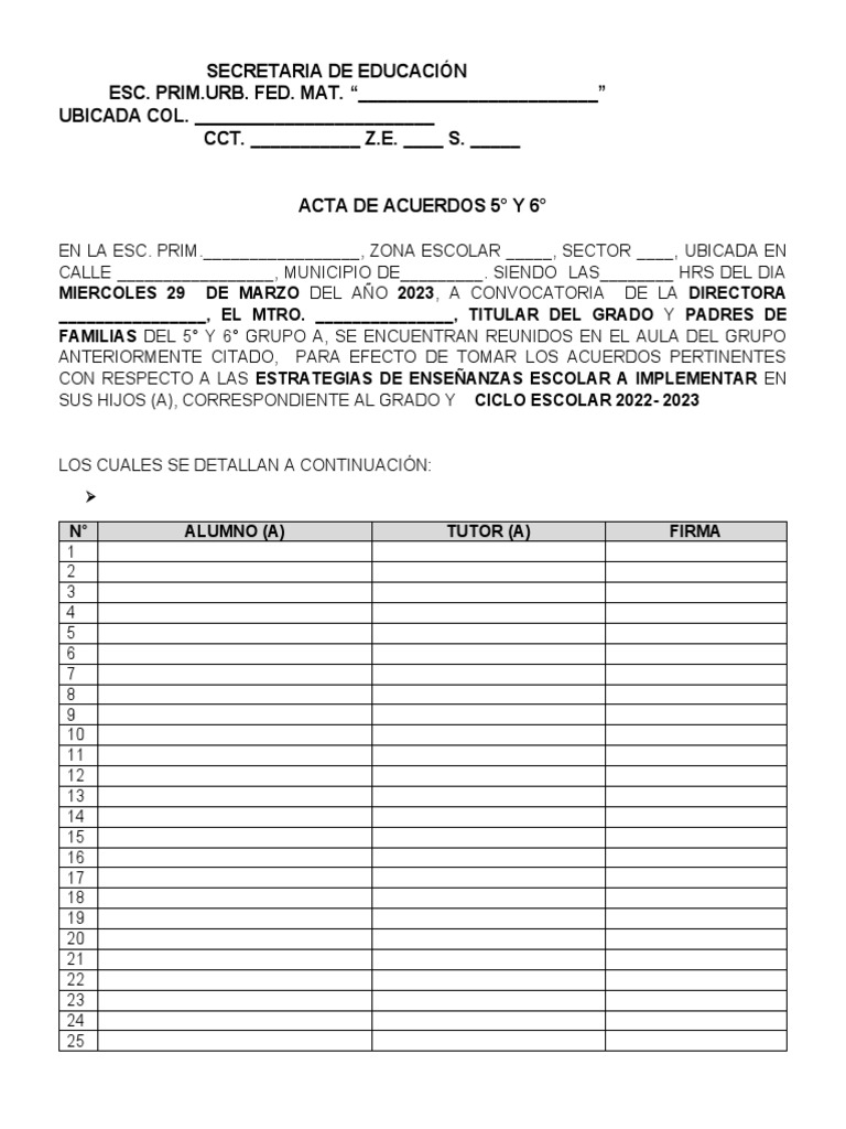 ACTA DE ACUERDOS 5° y 6° 2022 - 2023 | PDF