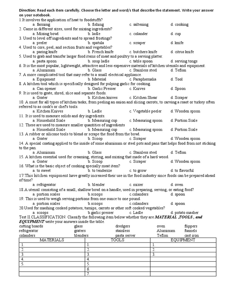 Cookery Test 1 | PDF