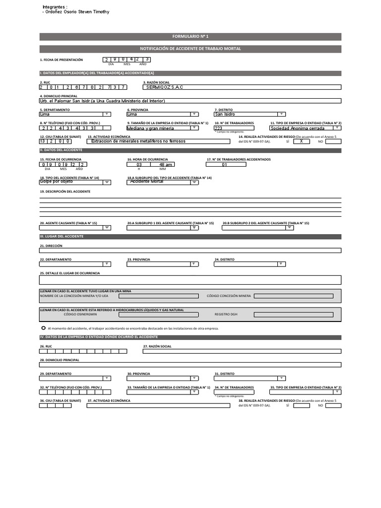 FORMULARIO 1, NOTIFICACIÓN DE ACCIDENTE DE TRABAJO MORTAL | PDF