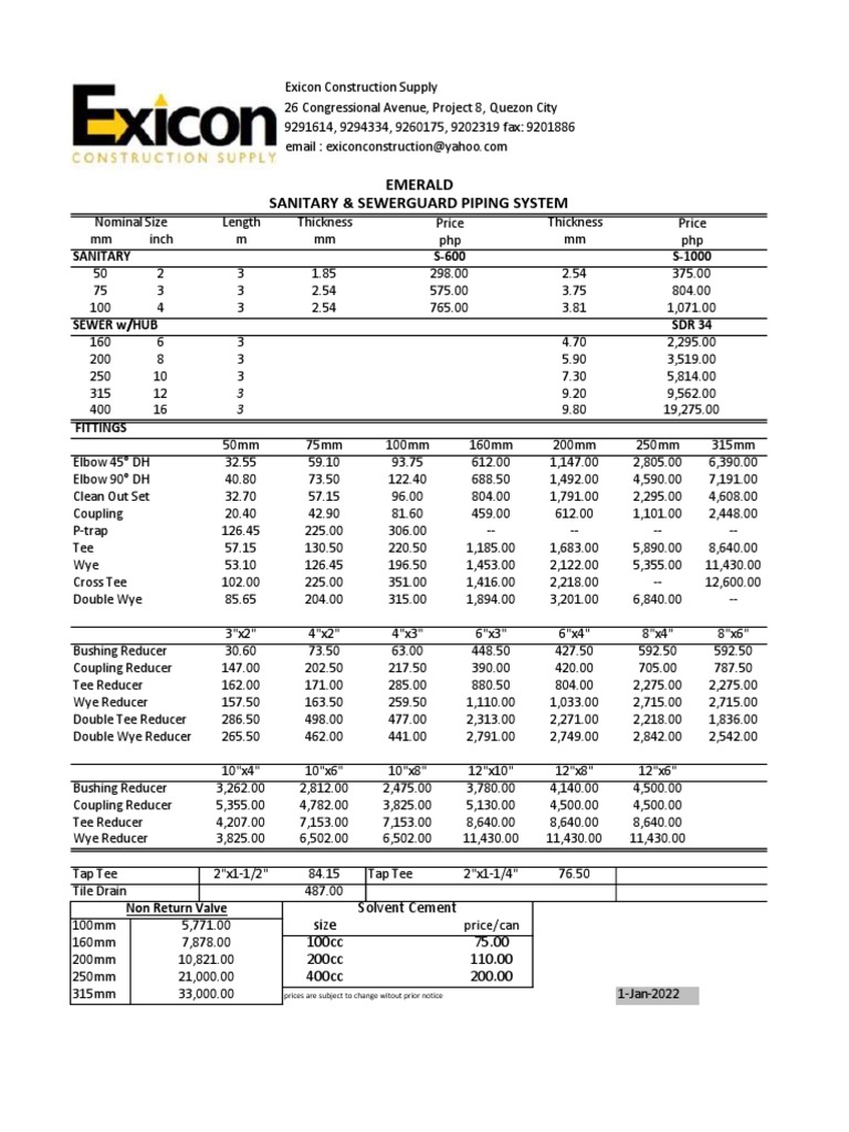 Exicon Construction Supply Price List | PDF | Chemical Engineering ...
