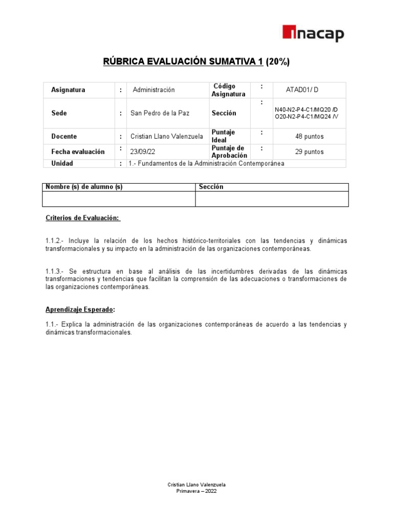 Rúbrica Evaluación Sumativa 1 | PDF | Evaluación