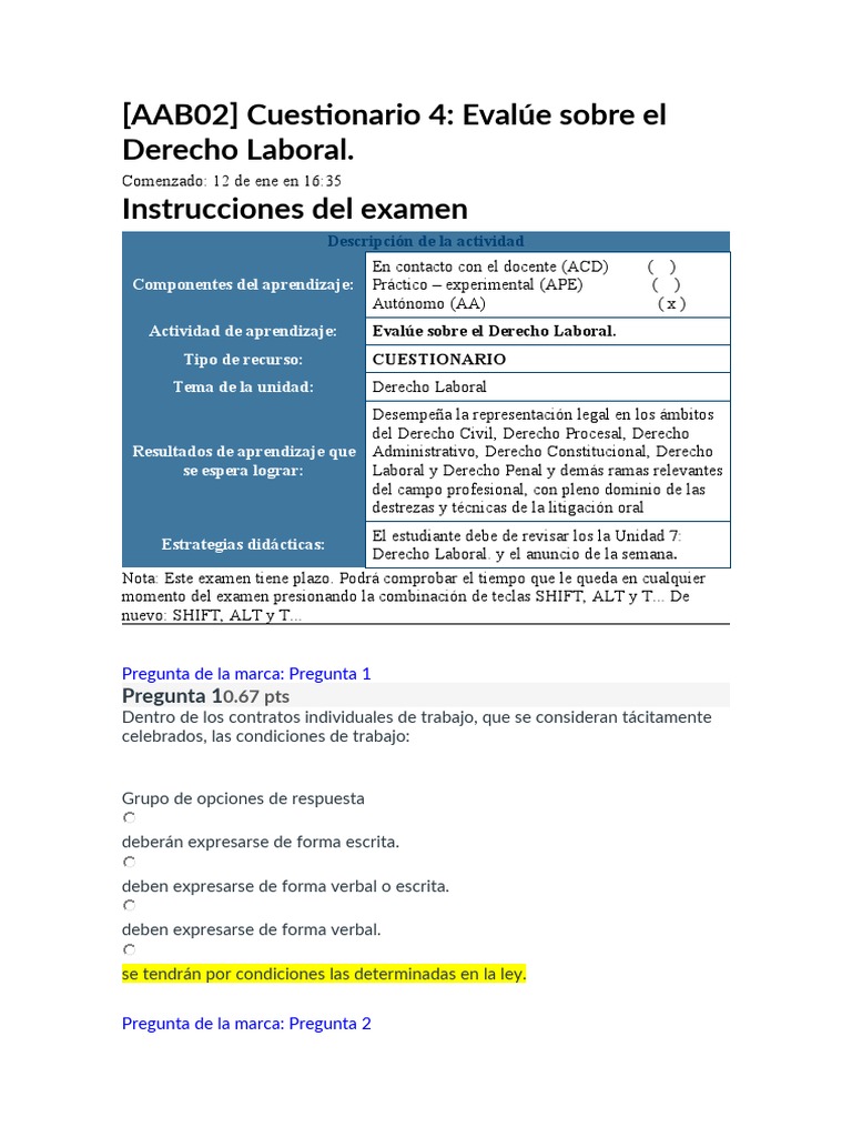 (AAB02) Cuestionario 4: Evalúe Sobre El Derecho Laboral. Instrucciones Del Examen | Descargar ...