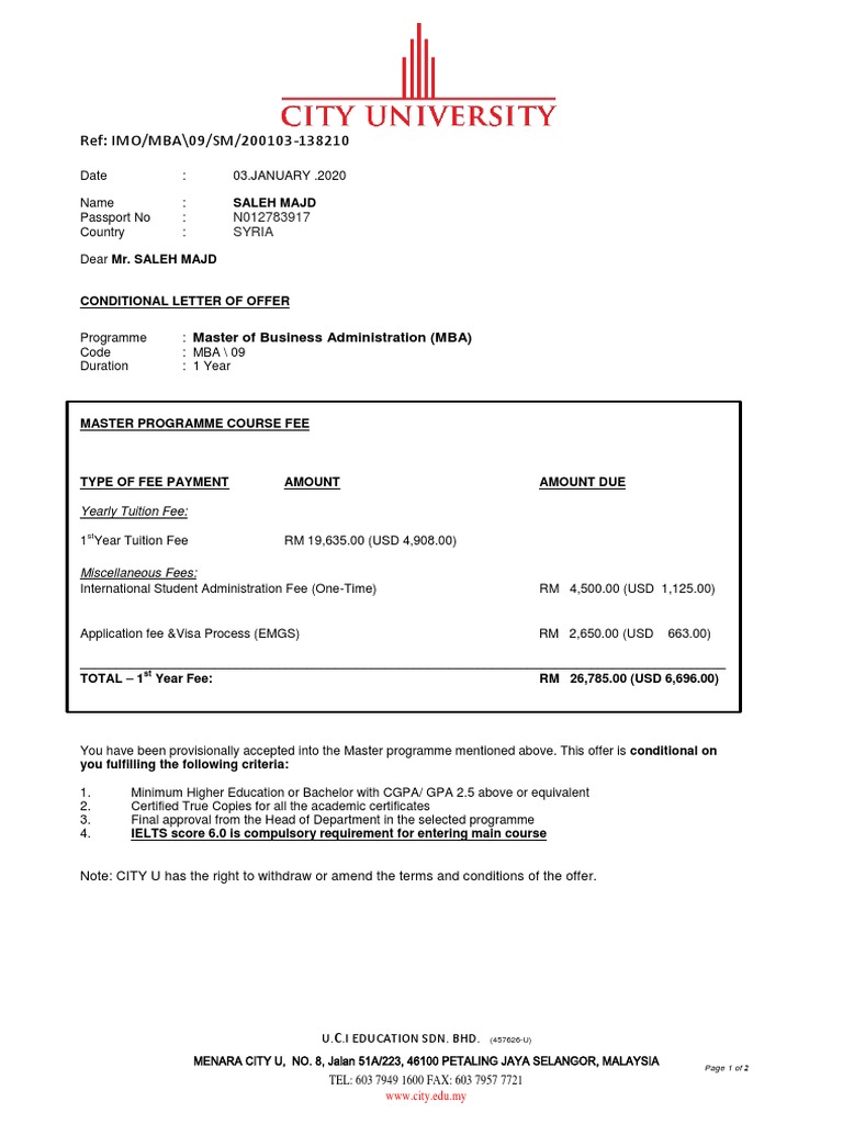 OFFER LETTER IN Master of Business Administration (MBA) FOR Dear Mr ...