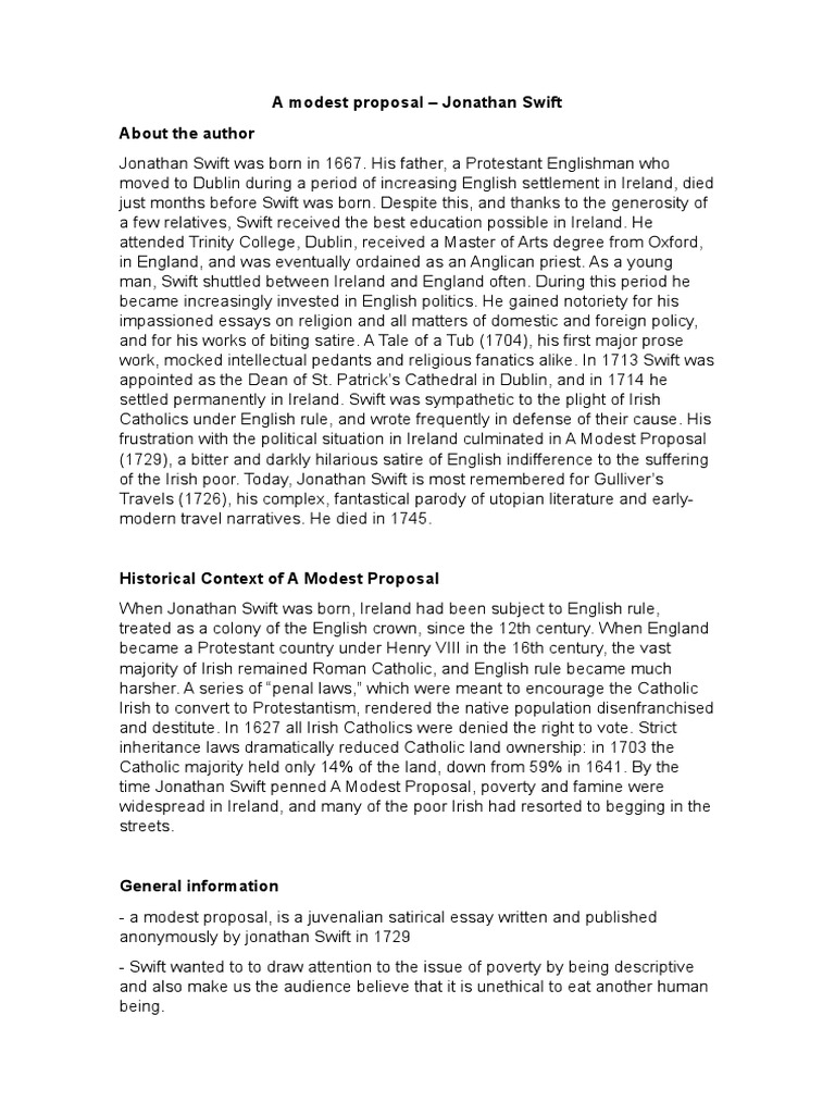 A Modest Proposal Study Guide | Download Free PDF | Jonathan Swift | Satire