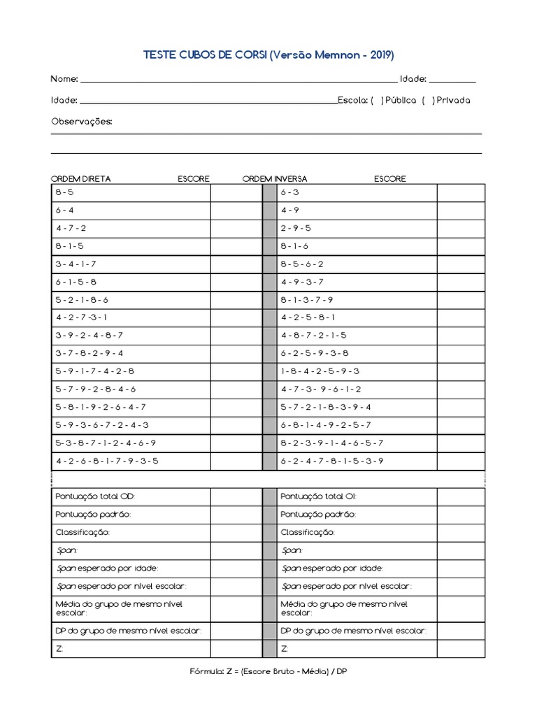 TESTE CUBOS DE CORSI (Versão Memnon - 2019) | PDF