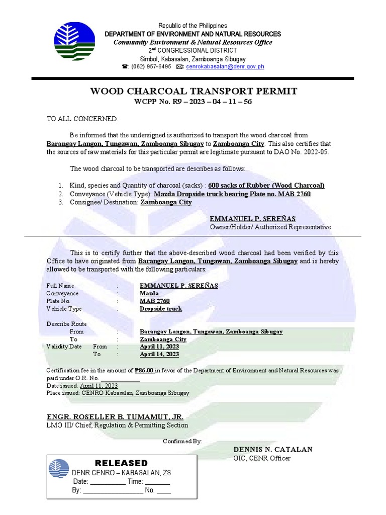 Wood Charcoal Transport Permit: WCPP No. R9 - 2023 - 04 - 11 - 56 | PDF ...