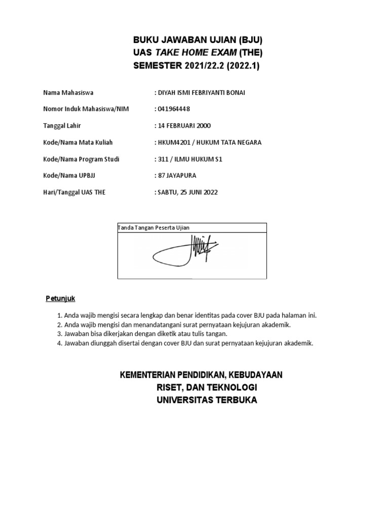 Buku Jawaban Ujian (Bju) Uas Take Home Exam (The) SEMESTER 2021/22.2 (2022.1) | PDF