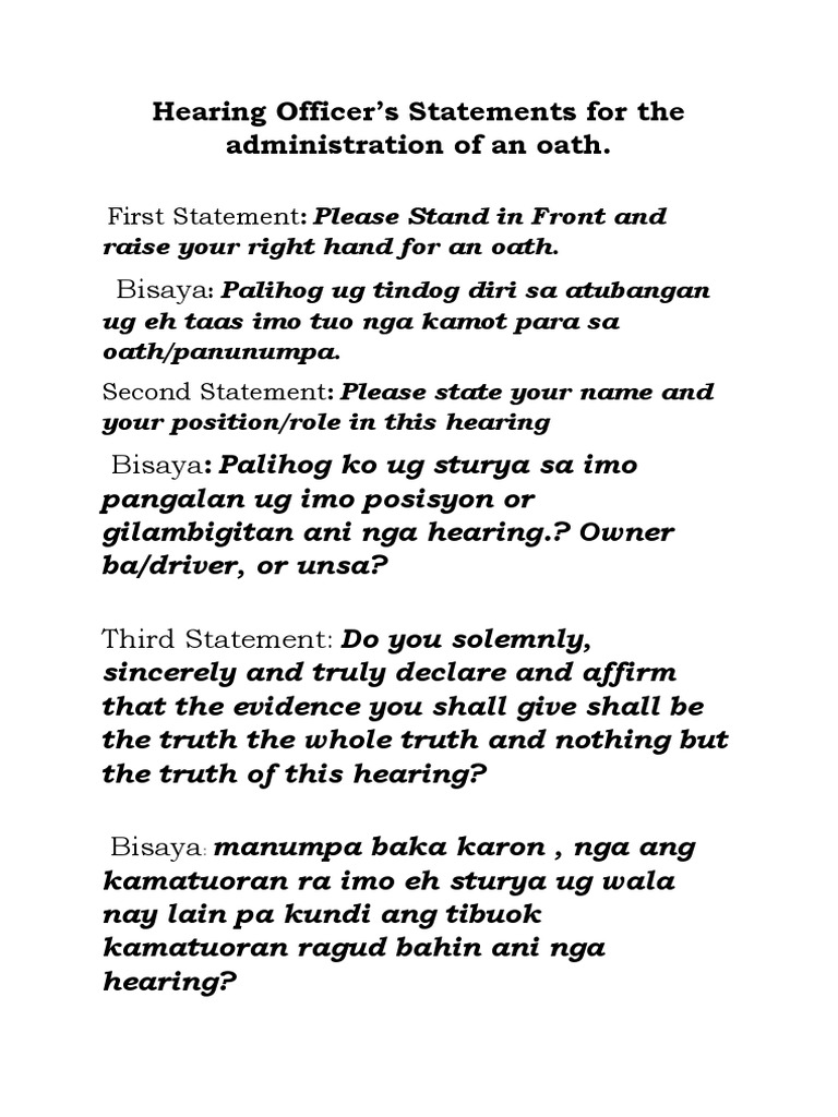 Hearing Officer Statement For The Administering of An Oath | PDF