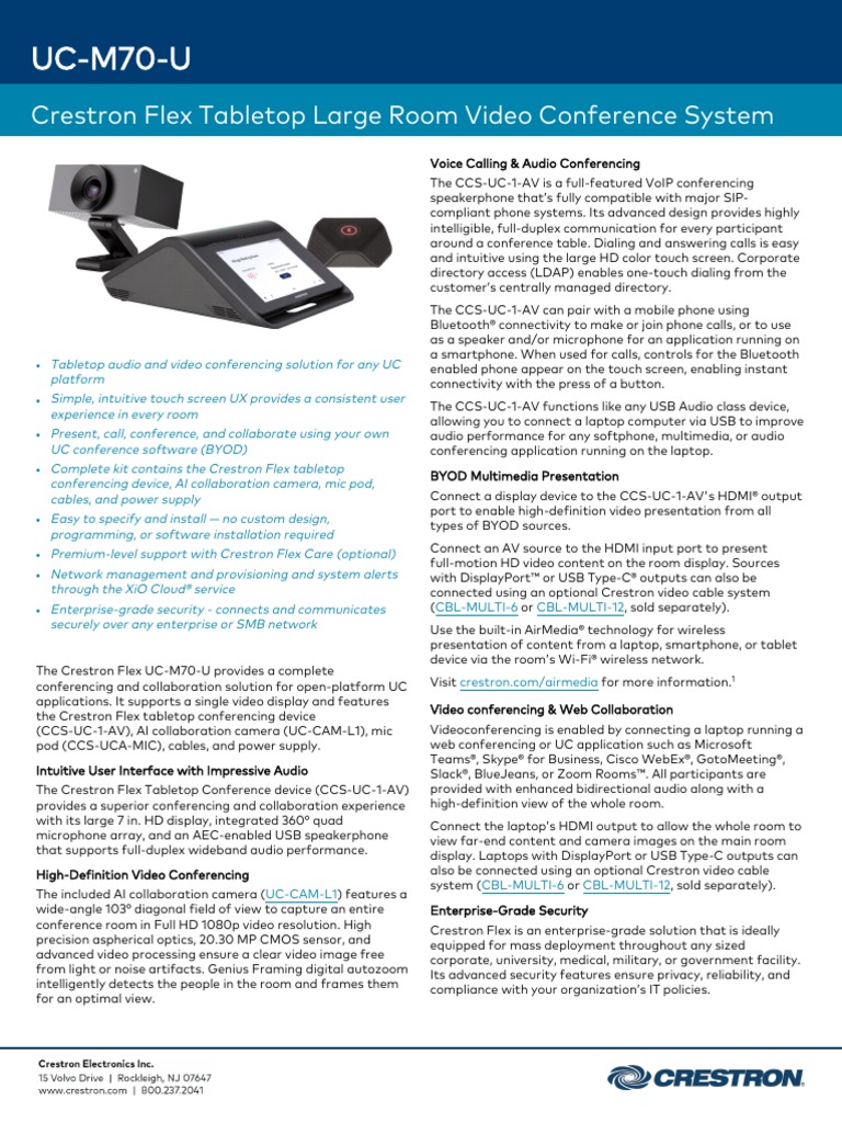 UC-M70-U: Crestron Flex Tabletop Large Room Video Conference System | PDF | Microphone | Telephone