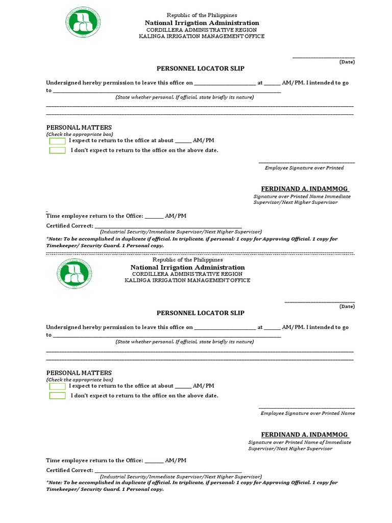 Personnel Locator Slip | PDF | Government | Control (Social And Political)