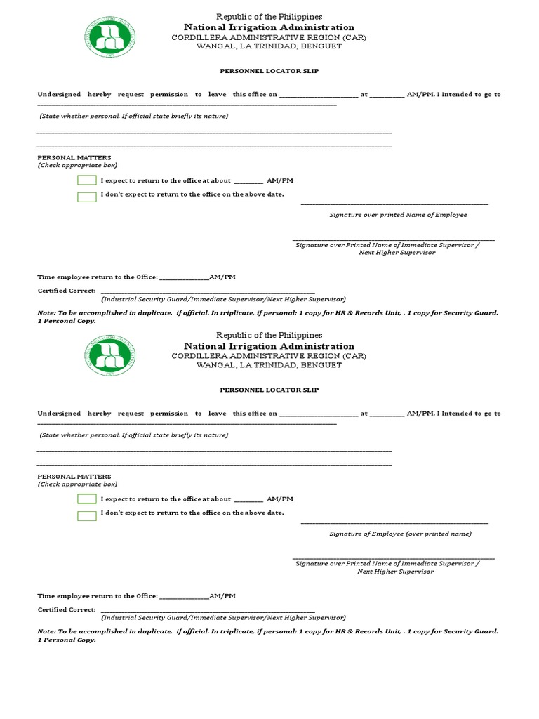 Personnel Locator Slip Template | PDF | Control (Social And Political ...