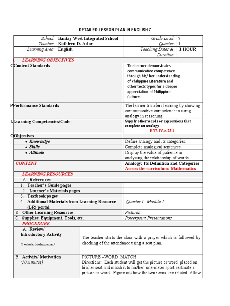 Detailed Lesson Plan for English 7 | PDF | Learning | Verb