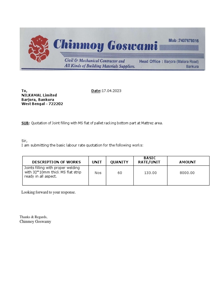 Quotation For Pallet Joints Welding Repair Work at Mattrez Area | PDF