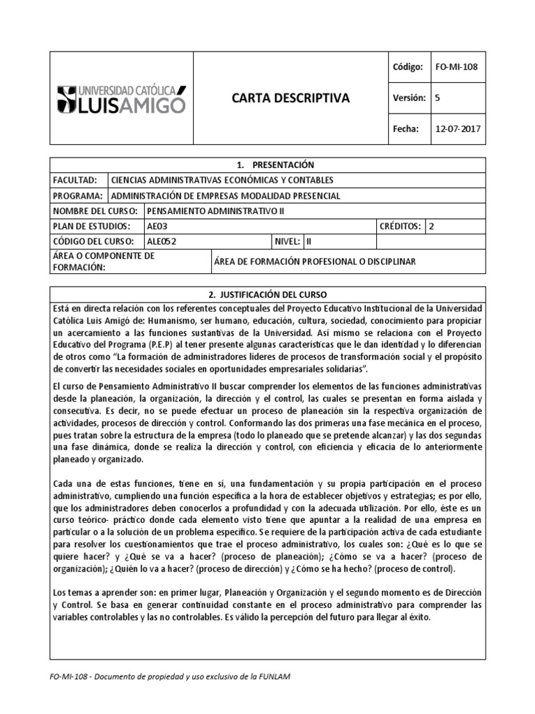 Carta Descriptiva Del Curso | PDF | Planificación | Plan de estudios