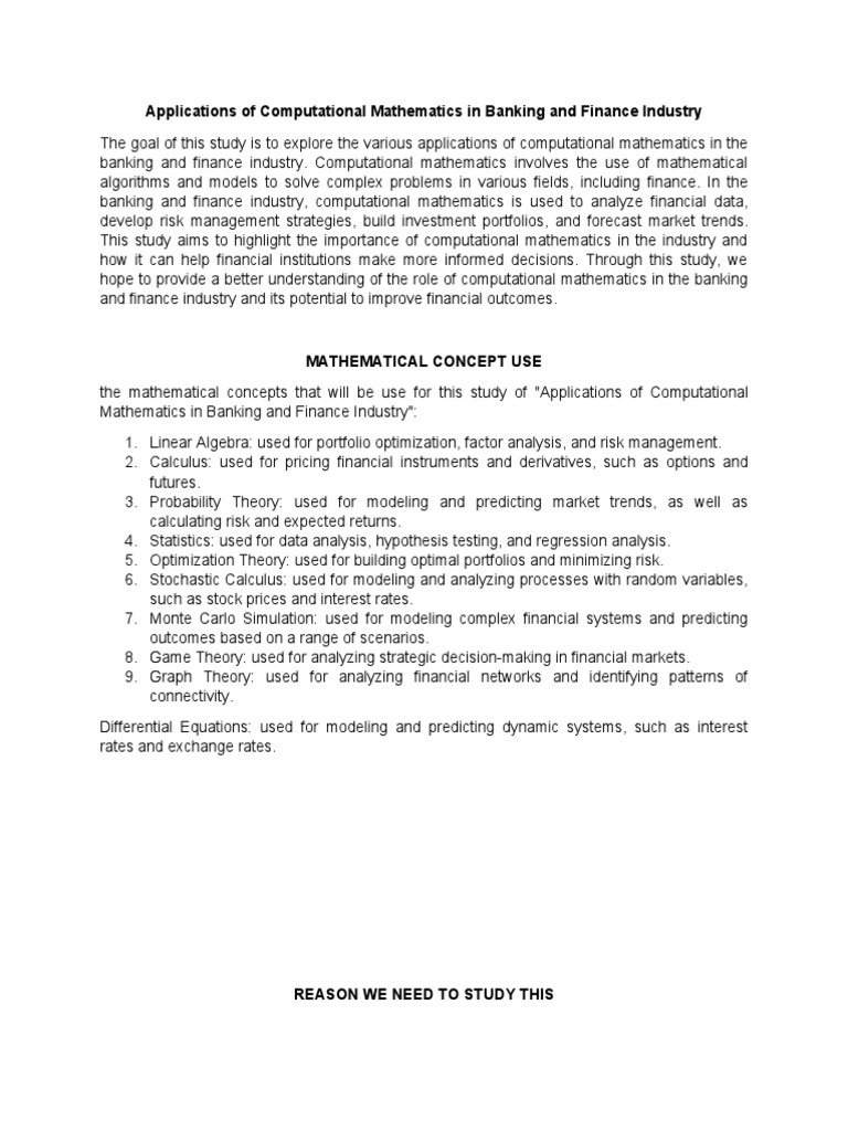 Applications of Computational Mathematics in Banking and Finance ...