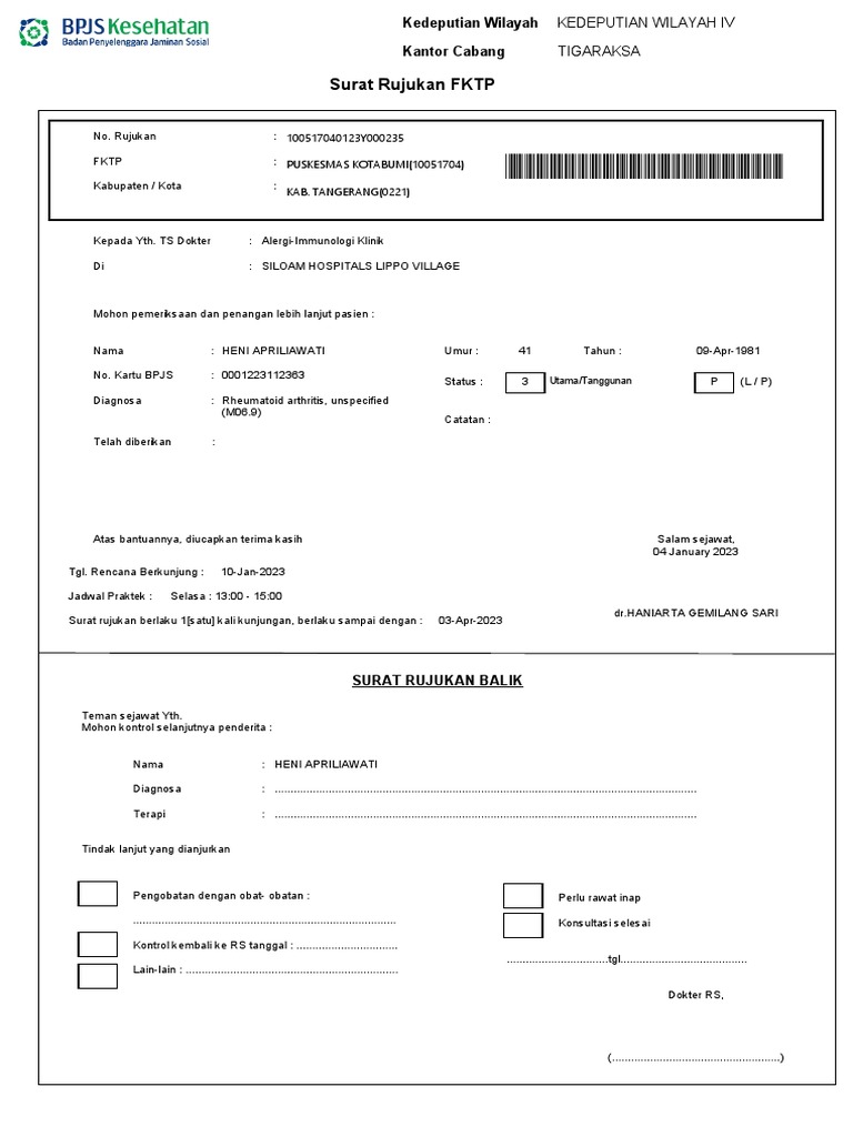 Surat Rujukan FKTP: Utama/Tanggunan | PDF