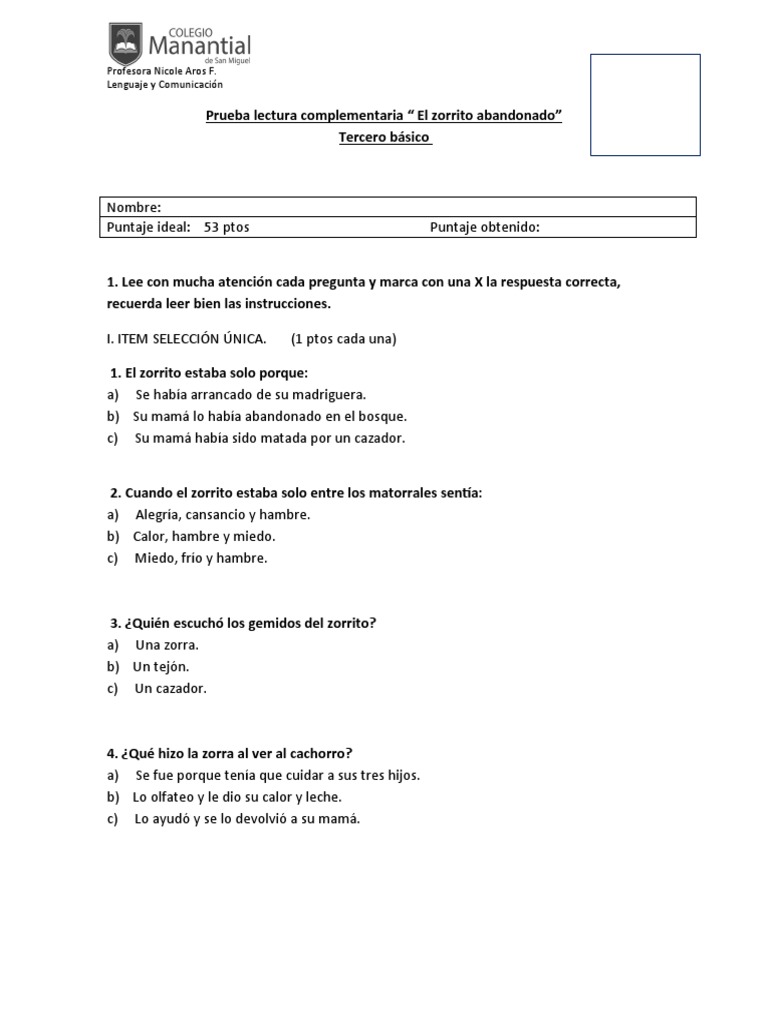 Prueba lectura complementaria El zorrito abandonado | PDF