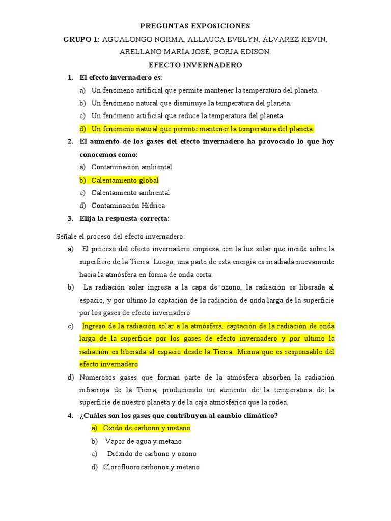 Preguntas Exposiciones 6A | PDF | Gases de efecto invernadero | Dióxido de carbono