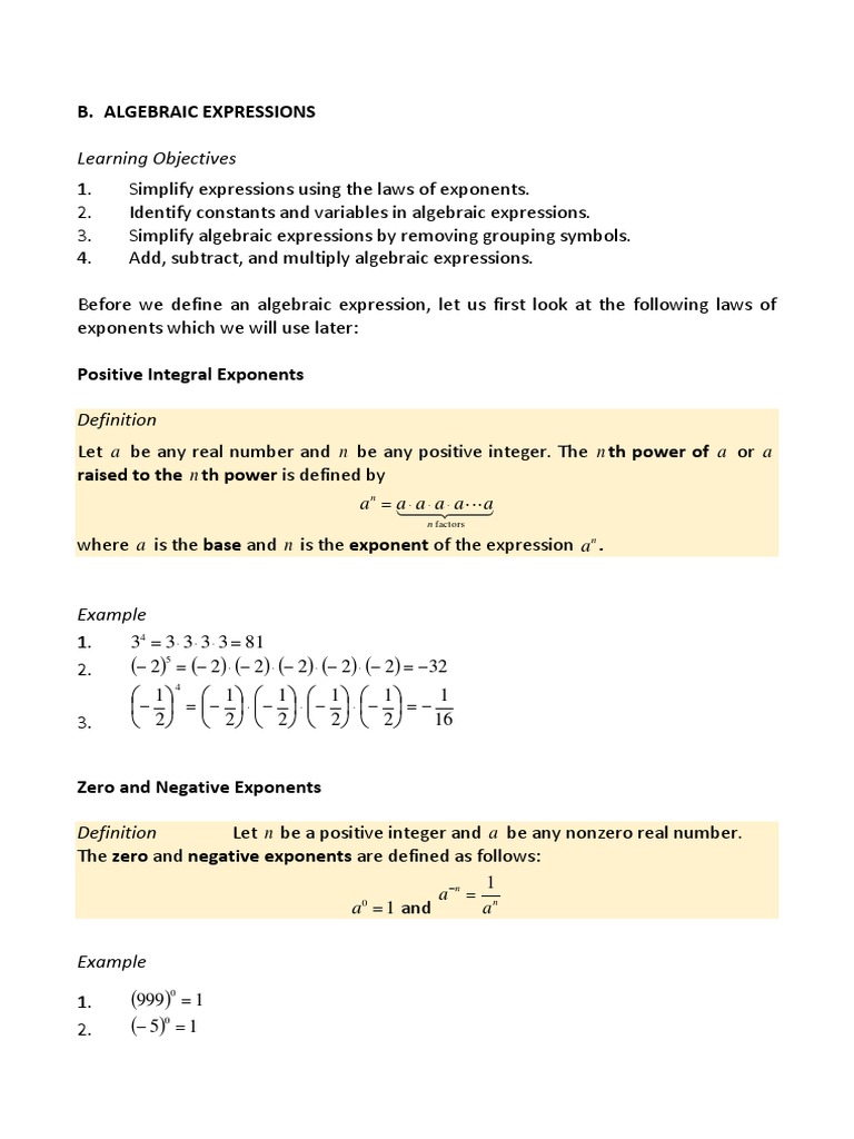 1 Laws of Exponents and Algebraic Expressions | PDF | Polynomial | Factorization