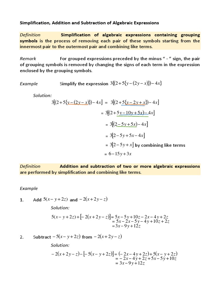 2 Simplification Addition and Subtraction of Algebraic Expressions | PDF