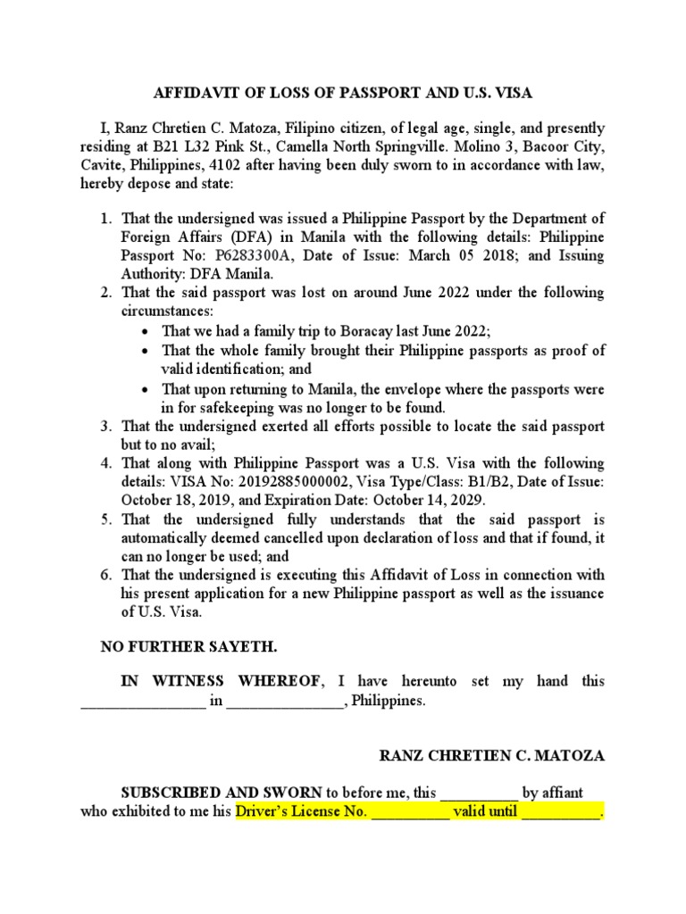 Affidavit of Loss - Passport | PDF