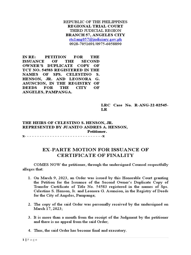 Ex-Parte Motion For Issuance of Certificate of Finality | PDF | Public ...