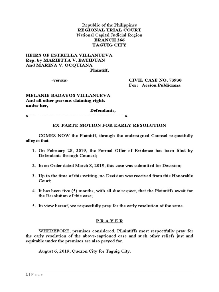 Ex-Parte Motion For Early Resolution | PDF | Government | Law Of The ...