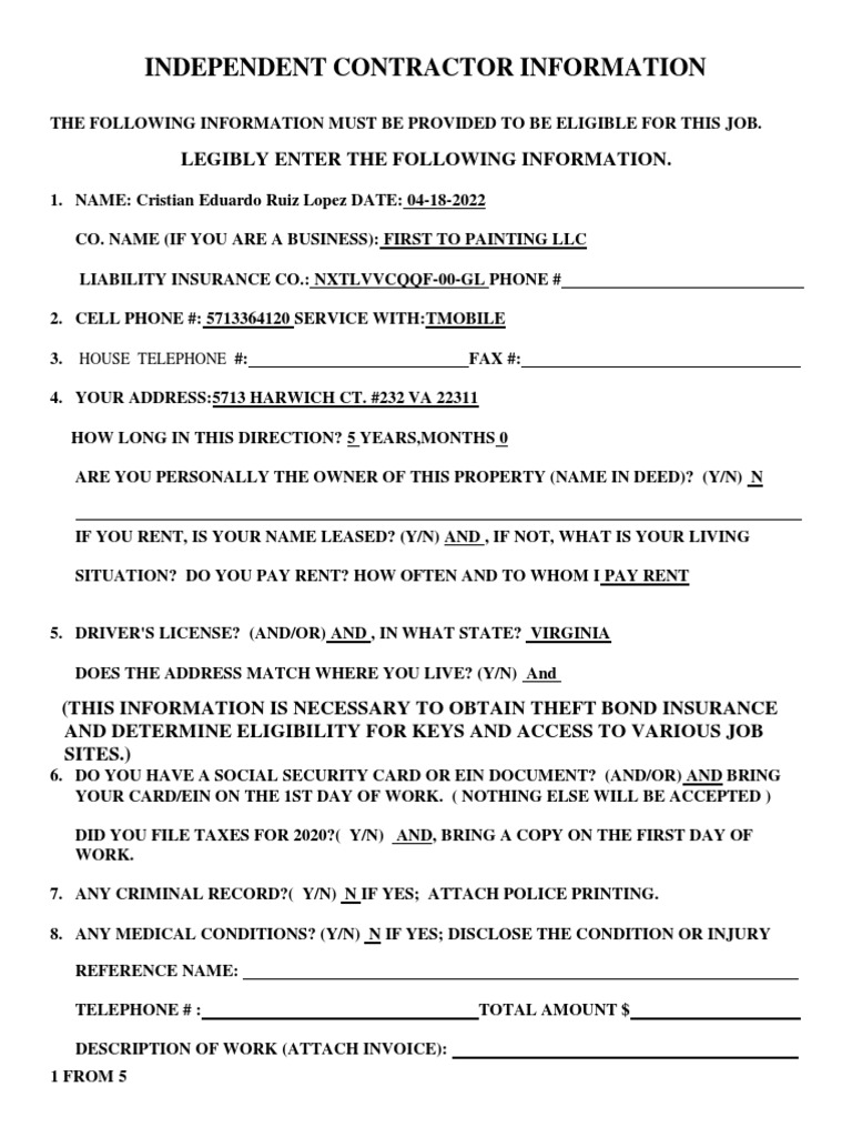 Independent Contractor Application Form | PDF | Irs Tax Forms | Self ...