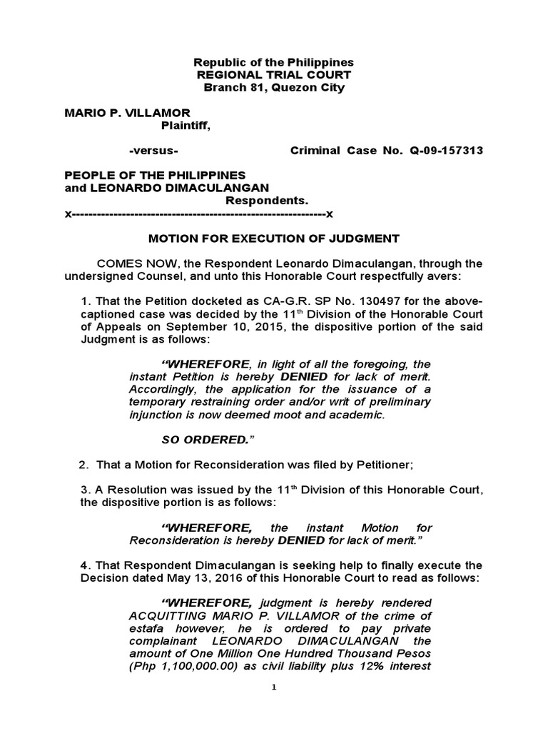 Motion for Judgment Execution | PDF | Judgment (Law) | Injunction