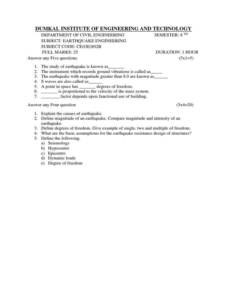 Earthquake Engineering Exam Questions | PDF | Technology & Engineering