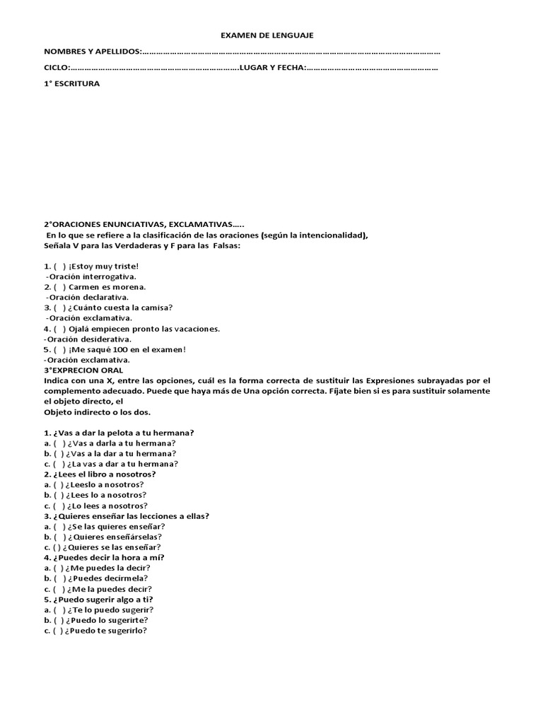 Examen de Lenguaje Complementario | PDF