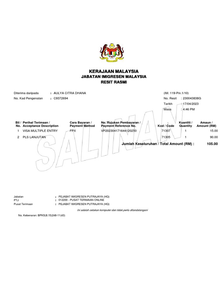 Kerajaan Malaysia: Jabatan Imigresen Malaysia Resit Rasmi | PDF