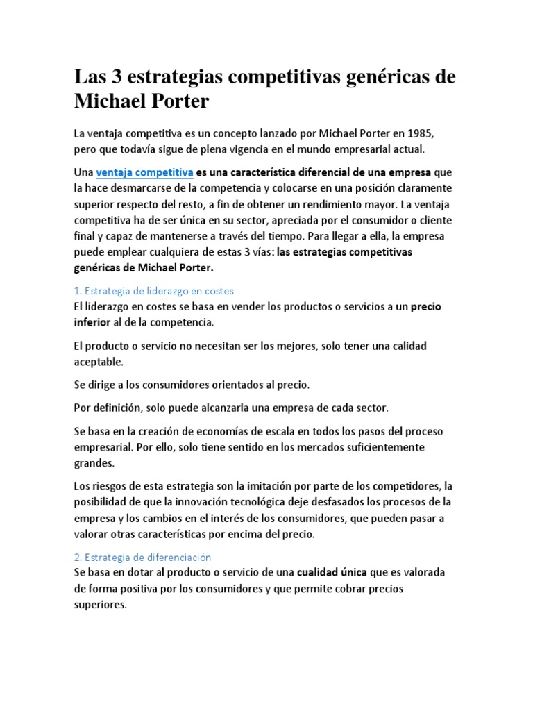 Las 3 Estrategias Competitivas Genéricas de Michael Porter: Ventaja Competitiva | Descargar ...