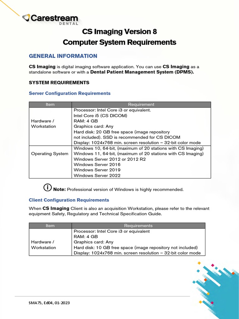 Sma75 Cs Imaging 8 System Requirements Edition 04 | PDF | Microsoft Windows | 64 Bit Computing