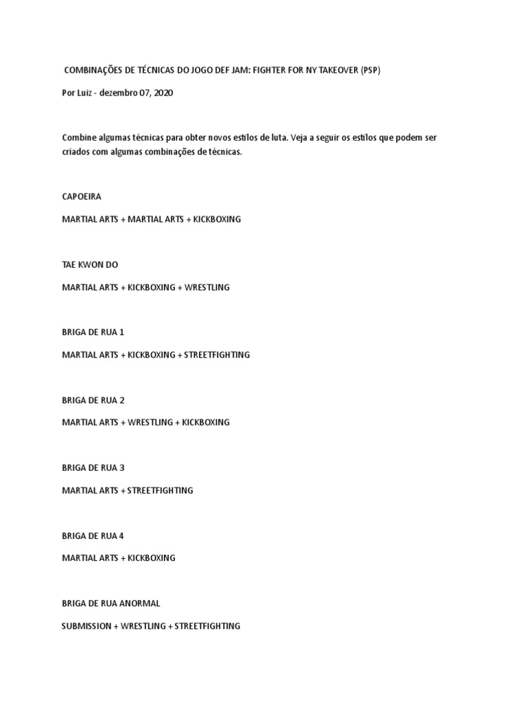 Def Jam: Fighting Style Combinations | PDF
